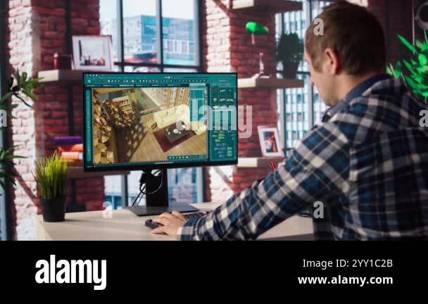 Architectural designer in home office moving assets in 3D modeling ...