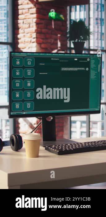 Focus on AI LLM chatbot GPT software on PC monitor in modern home office. Panning shot of large ...