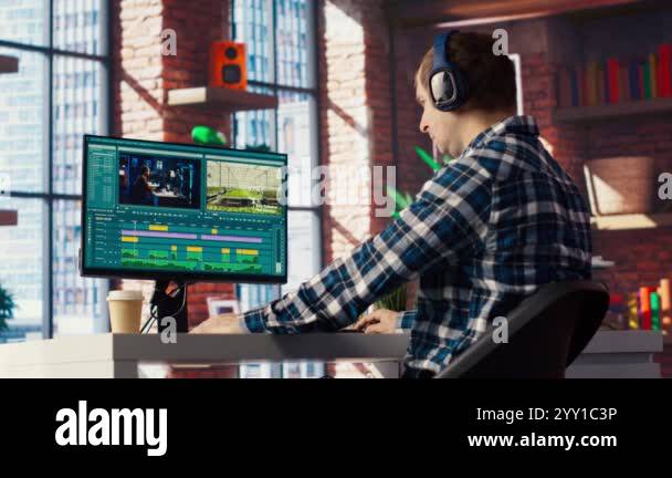 Video editor trimming segments of drone shot footage, working on ...