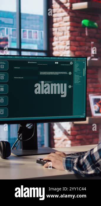 Man at home asking questions to AI LLM chatbot virtual assistant ...