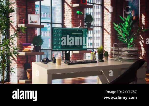 AI LLM chatbot software interface on PC in home office showing virtual assistant answering user ...