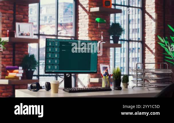 Computer Setup In Brick Walls Tech Industry Workspace Showing Large Language Model Program Pc