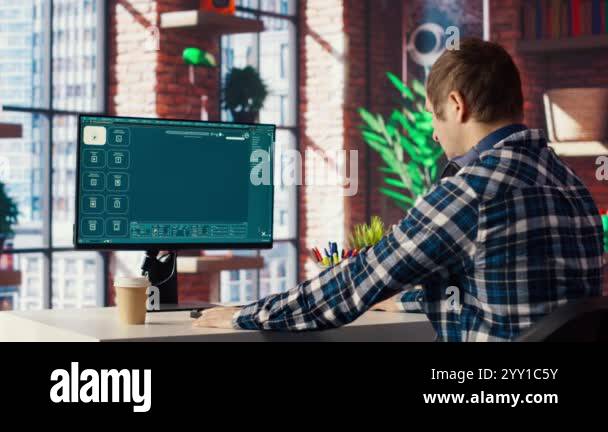 Man requesting help from text to image GPT software in modern home ...