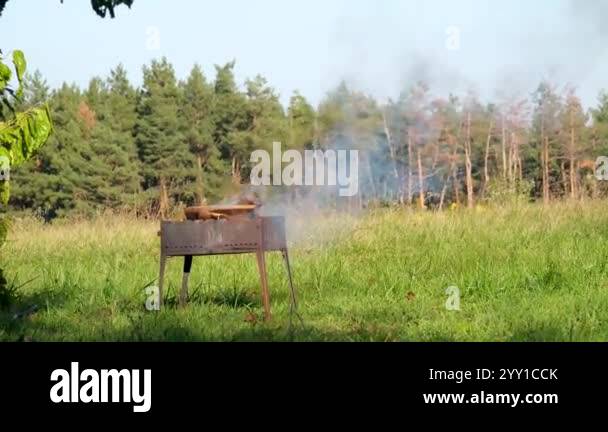 Outdoor Barbecue Preparation With Smoke Rising From the Grill in a ...