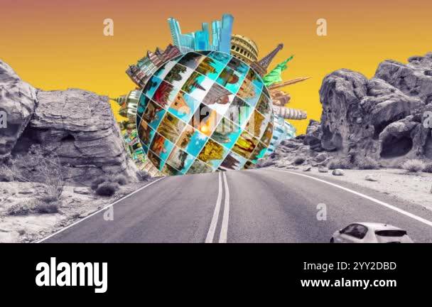 Art collage about car and road - travel concept. World religious and ...