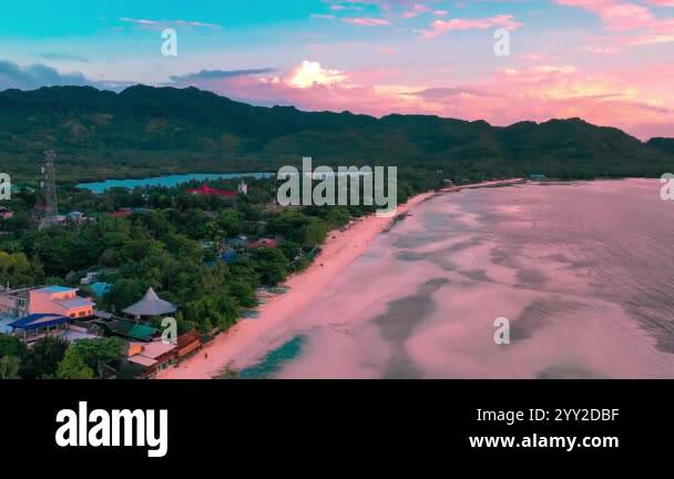 Aerial drone view of tropical coastline of Bohol Island at sunset ...