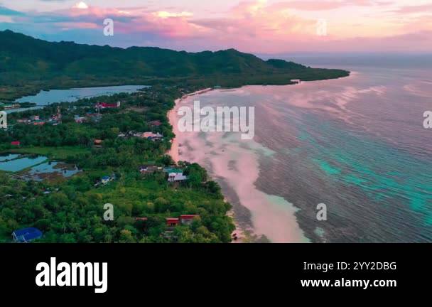 Aerial drone view of tropical coastline of Bohol Island at sunset ...