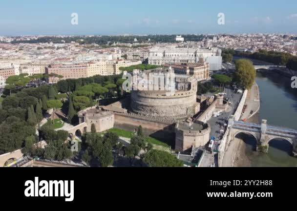 A 4K drone video capturing an aerial view of Castel Sant'Angelo in Rome ...