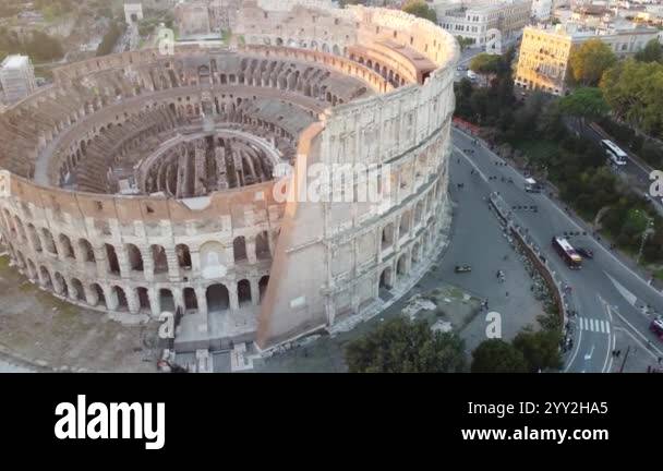 Aerial video of the Colosseum ruins in Rome, Italy, highlighting the ...