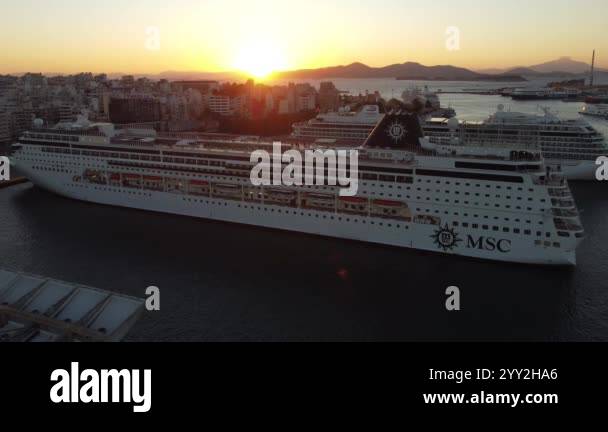 A video of an MSC cruise ship docked at the port of Athens during a ...