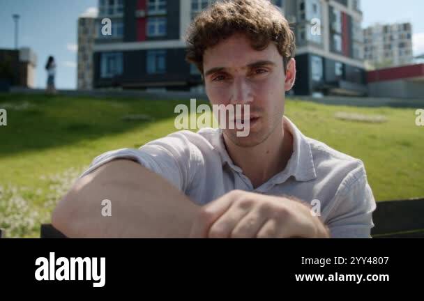 Tired exhausted bored Caucasian man guy businessman business outside ...