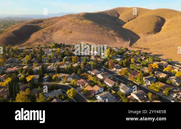Aerial view reveals the charm of an American suburban neighborhood in ...