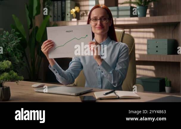 Happy Caucasian woman office girl business investor saleswoman pointing ...