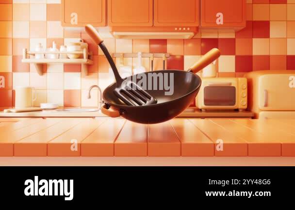 Loop animation of cookware in the kitchen room with cartoon style, 3d ...