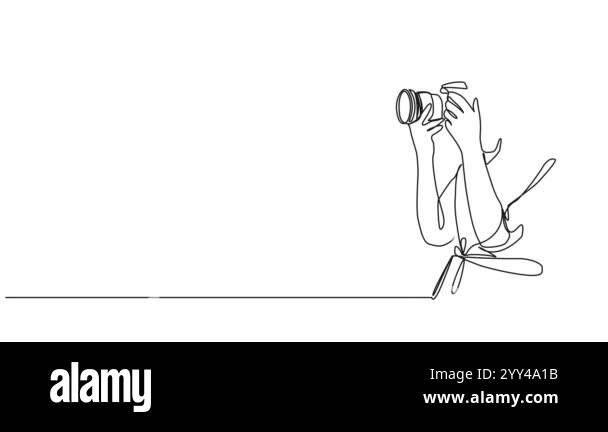 animated continuous line drawing of young woman taking pictures with ...
