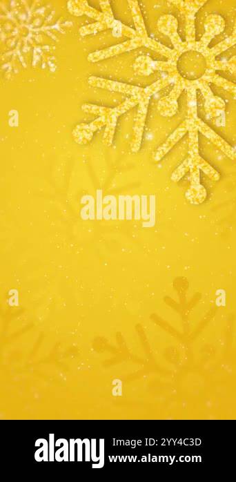 Christmas yellow background with shining golden snowflakes. Merry ...