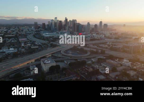 This aerial view showcases the iconic Los Angeles skyline, with its ...