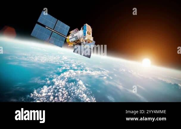 A stunning image of a satellite with solar panels in orbit around earth ...