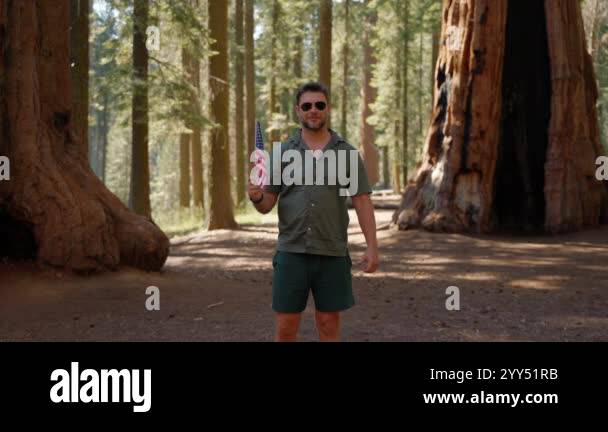American flag outdoors. Man holds usa sequoia park national flag ...