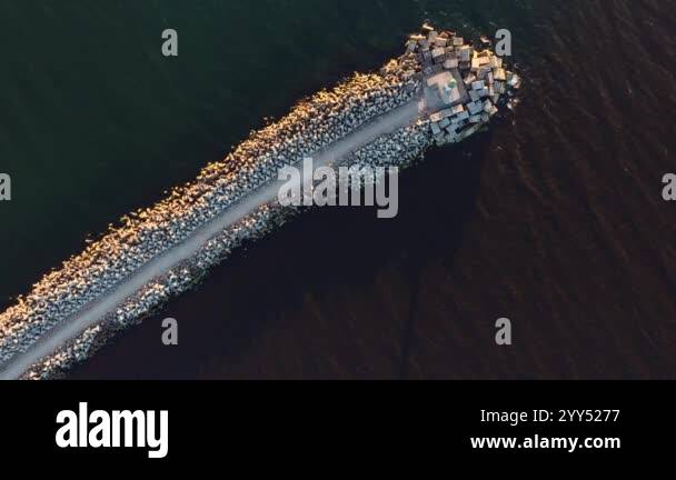 An aerial perspective of a long breakwater with angular concrete blocks ...