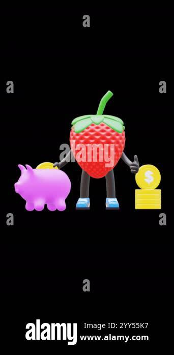 3D Strawberry Fruit Character Holding Coin And Piggy Bank For Savings ...