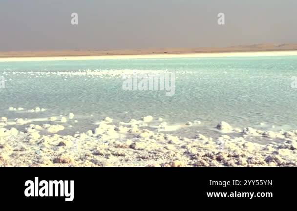Tranquil salty lake lies in midst of desert, its edges lined with thick ...