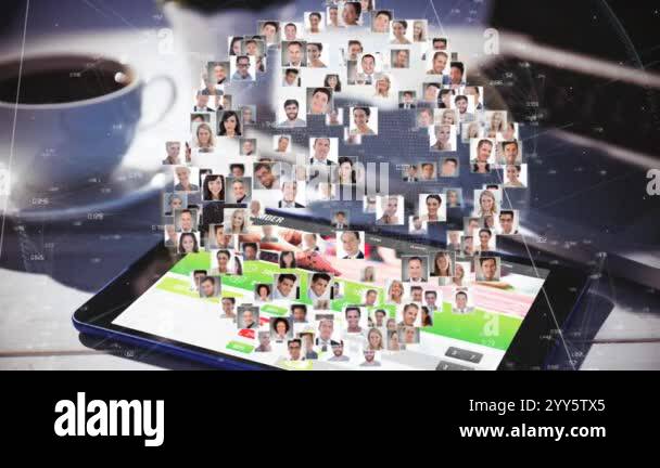 Social network connections animation over diverse people displayed on ...