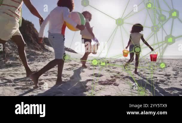 Network of connections and data processing animation over people ...