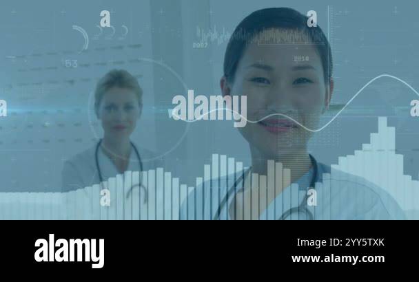 Medical data analysis animation over doctors in hospital setting ...