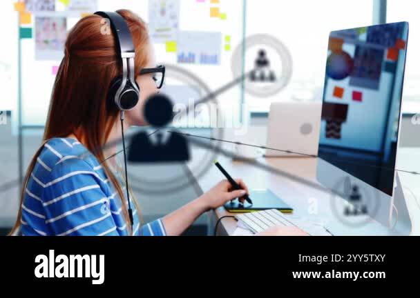 Working on computer, woman with headphones connected to network animation. Technology ...