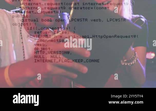 Taking selfie, people with programming code animation overlay ...