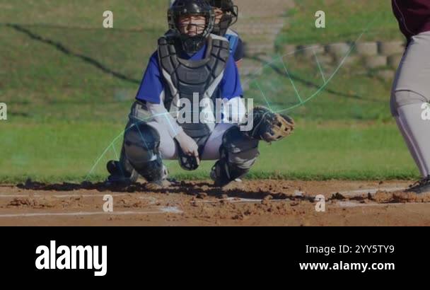 Baseball catcher in gear with data processing animation over field ...