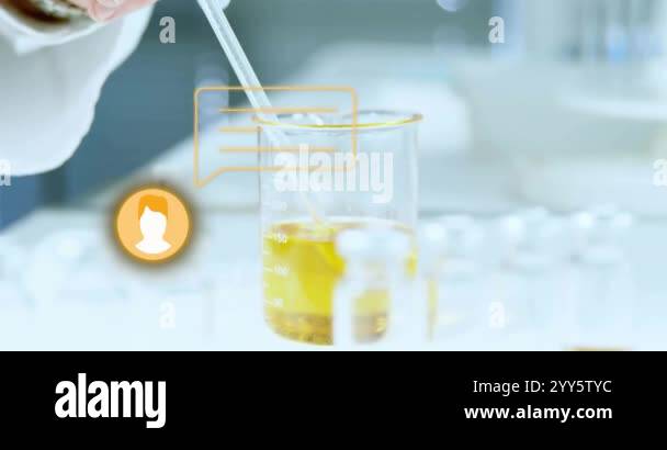 Pipetting liquid into beaker, scientific research animation over ...