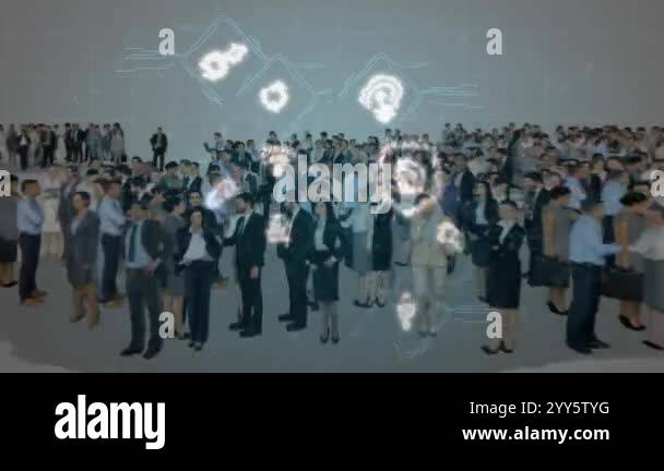 Animating digital security icons over crowd of people in urban setting ...