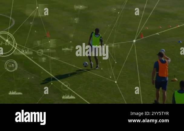 Soccer player on field with data processing animation over performance ...