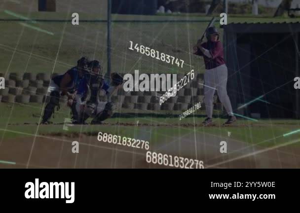 Baseball players in action with data processing animation over field ...