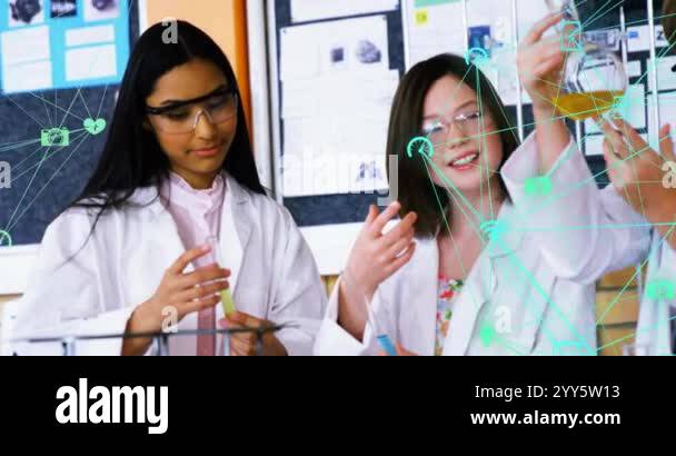 Students in lab coats conducting experiments with scientific data ...