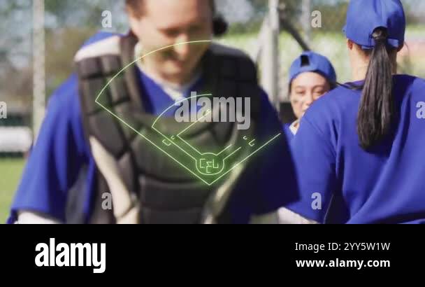 Baseball field diagram animation over players in blue uniforms. sports ...