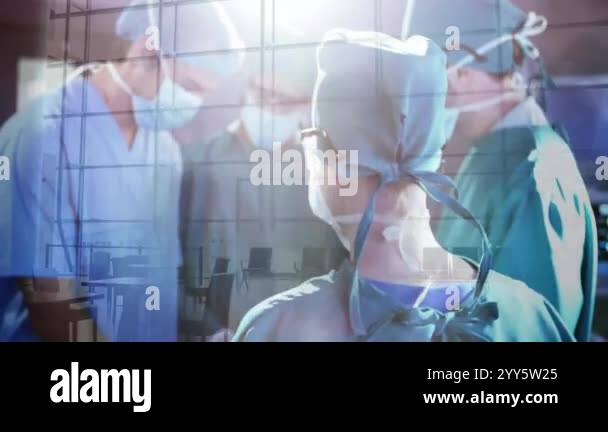 Medical team performing surgery over hospital room animation ...