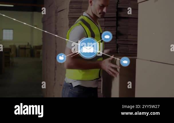 Stacking boxes in warehouse, worker with network connections animation ...