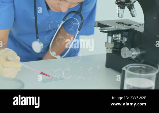 Examining sample under microscope, scientist viewing chemical structures animation. Laboratory ...