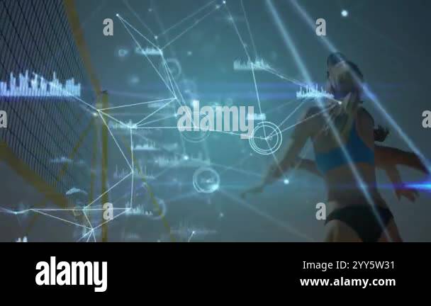 Network connections and data processing animation over volleyball ...