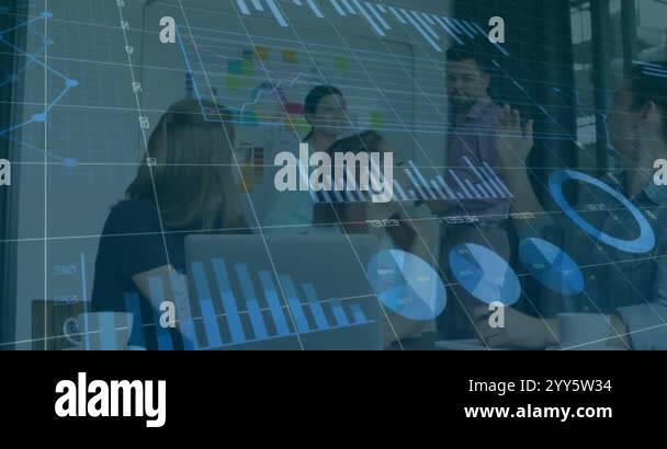 Financial data charts animation over diverse business team in meeting ...