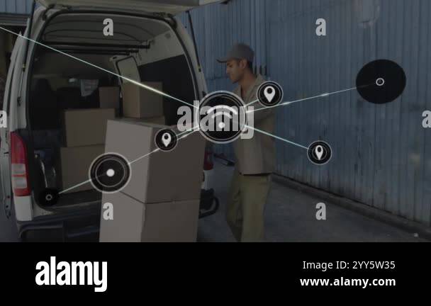 Unloading boxes, delivery worker with network connections and data ...