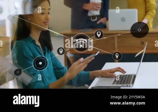 Working in office, people with network connectivity icons animation ...