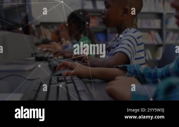 Children using computers in library, network connections animation over ...