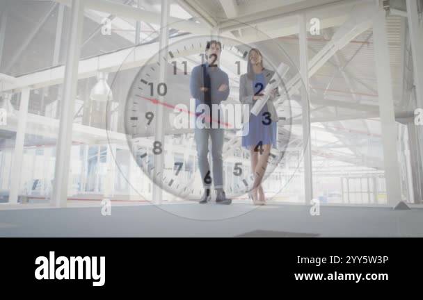 Clock animation over business people discussing documents in modern office. teamwork, meeting ...