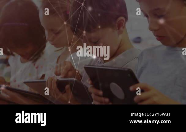 Using tablets with network connections animation, children focusing on ...