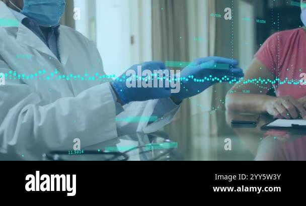 Doctor wearing gloves, medical data analysis animation over patient ...