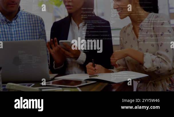 Programming code animation over business people collaborating with ...